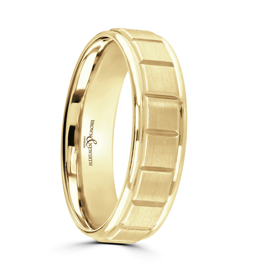 9ct Yellow Gold 6mm Flat Squares Gents Wedding Ring | Peter Jackson